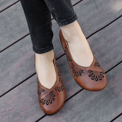 S247 Spring and summer new round head hollow retro style leather handmade women's shoes fashion all-match simple shoes