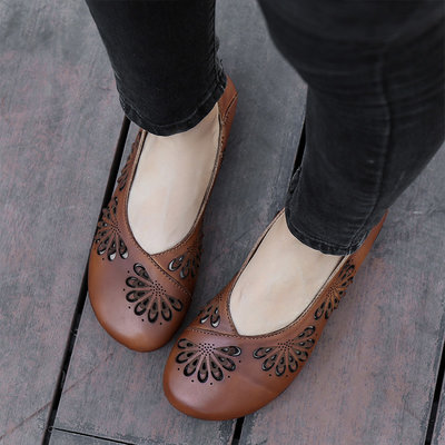 S247 Spring and summer new round head hollow retro style leather handmade women's shoes fashion all-match simple shoes