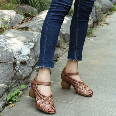 S258 Summer ladies sandals mid-heel fashion woven breathable sandals women mid-heel manufacturers