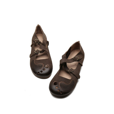 S262 2020 new leather women's shoes with holes on the feet playful sandals cross shoes buckle shallow mouth flat shoes