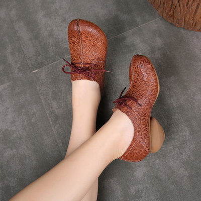 S270 Autumn new original casual single shoes women's lace-up leather round toe thick heel handmade leather women's shoes