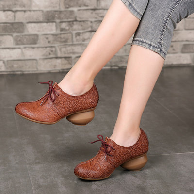 S270 Autumn new original casual single shoes women's lace-up leather round toe thick heel handmade leather women's shoes