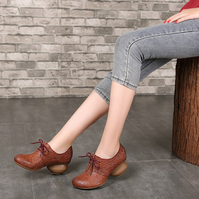 S270 Autumn new original casual single shoes women's lace-up leather round toe thick heel handmade leather women's shoes