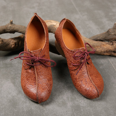 S270 Autumn new original casual single shoes women's lace-up leather round toe thick heel handmade leather women's shoes