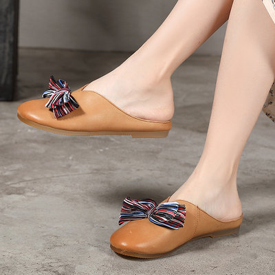 S272 Manufacturers sweet lady style fashion all-match leather sandals literary simple bow slippers handmade women's shoe