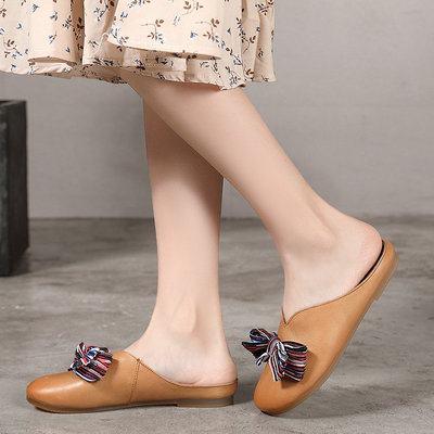 S272 Manufacturers sweet lady style fashion all-match leather sandals literary simple bow slippers handmade women's shoe