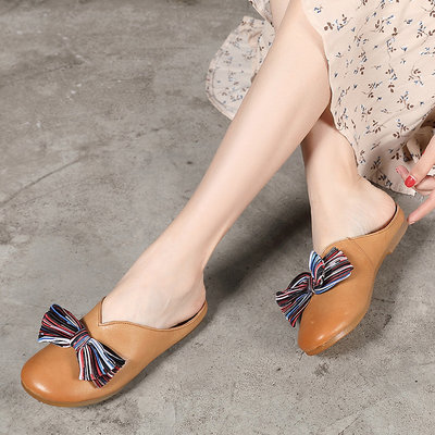 S272 Manufacturers sweet lady style fashion all-match leather sandals literary simple bow slippers handmade women's shoe