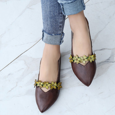 S274 2020 Fashion All-Match Spring New Women'S Shoes Literary Flowers Flat-Bottomed Handmade Pointed Leather Shoes