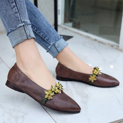 S274 2020 Fashion All-Match Spring New Women'S Shoes Literary Flowers Flat-Bottomed Handmade Pointed Leather Shoes