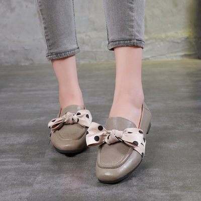 S281 Bowknot temperament fashion all-match leather women's shoes literary single shoes square toe Muller shoes manufactu