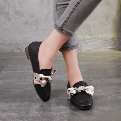 S281 Bowknot temperament fashion all-match leather women's shoes literary single shoes square toe Muller shoes manufactu