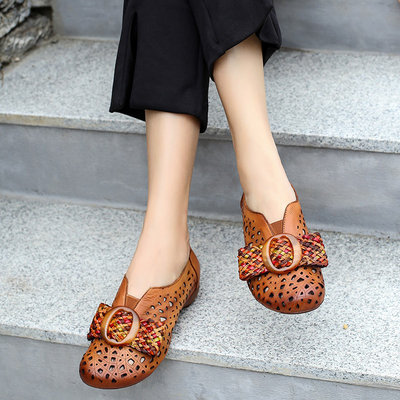 S285 New ethnic style handmade hollow single shoes cool breathable soft sole comfortable real women's shoes