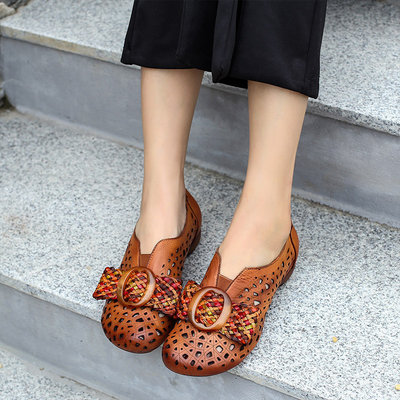 S285 New ethnic style handmade hollow single shoes cool breathable soft sole comfortable real women's shoes