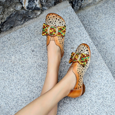 S285 New ethnic style handmade hollow single shoes cool breathable soft sole comfortable real women's shoes