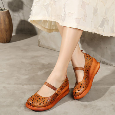 S286 2020 Summer Hollow Cool Hole Shoes Thick-Soled Increased And Stable Leather Women'S Sandals High Heels