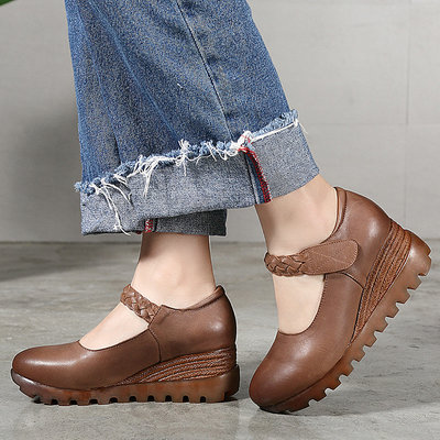 S288 New Style Genuine Leather Thick-Soled Slope Heel Spring Shoes Factory Direct Sales Pure Color Simple Leather Ethnic
