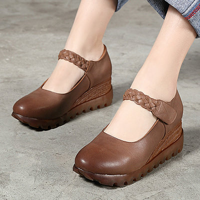 S288 New Style Genuine Leather Thick-Soled Slope Heel Spring Shoes Factory Direct Sales Pure Color Simple Leather Ethnic