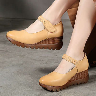 S288 New Style Genuine Leather Thick-Soled Slope Heel Spring Shoes Factory Direct Sales Pure Color Simple Leather Ethnic