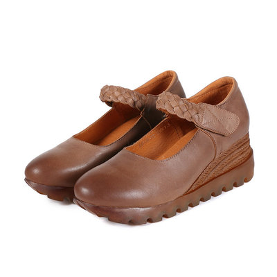 S288 New Style Genuine Leather Thick-Soled Slope Heel Spring Shoes Factory Direct Sales Pure Color Simple Leather Ethnic