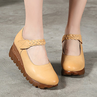 S288 New Style Genuine Leather Thick-Soled Slope Heel Spring Shoes Factory Direct Sales Pure Color Simple Leather Ethnic