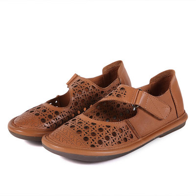 S289 Home magic buckle leather simple hollow new women's shoes, retro ethnic soft and comfortable single shoes processin