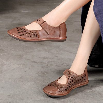 S289 Home magic buckle leather simple hollow new women's shoes, retro ethnic soft and comfortable single shoes processin
