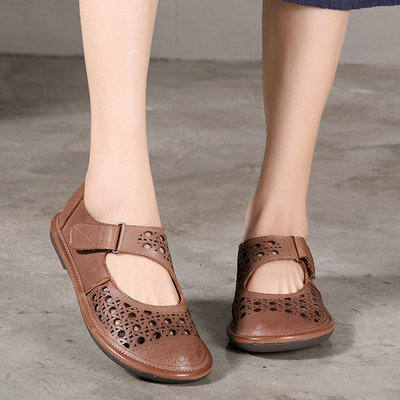 S289 Home magic buckle leather simple hollow new women's shoes, retro ethnic soft and comfortable single shoes processin