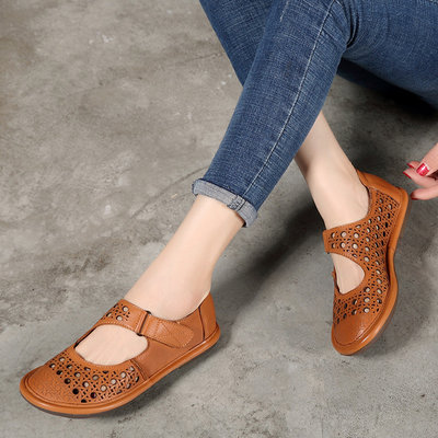 S289 Home magic buckle leather simple hollow new women's shoes, retro ethnic soft and comfortable single shoes processin
