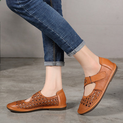 S289 Home magic buckle leather simple hollow new women's shoes, retro ethnic soft and comfortable single shoes processin