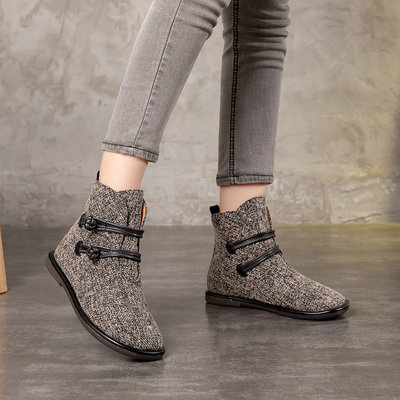 S290 Autumn And Winter Hot Fashion Boots Women Retro Linen Women'S Shoes Flat Leather Buckle Women'S Shoes Ankle Boots