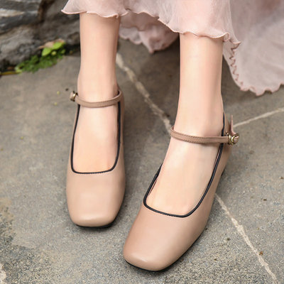 S295 Factory Spring Handmade Leather Retro Mary Jane Women'S Shoes 2020 Spring New Mid-Heel Single Shoe Square Toe Mules