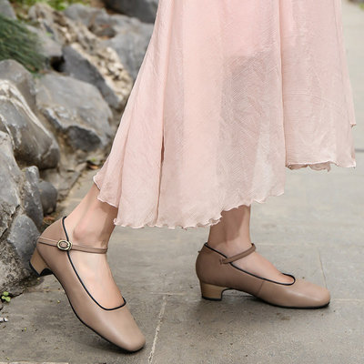 S295 Factory Spring Handmade Leather Retro Mary Jane Women'S Shoes 2020 Spring New Mid-Heel Single Shoe Square Toe Mules