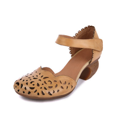 S296 Spring New Products Original Handmade Leather Velcro Single Shoes Hollow Retro Casual Round Toe Wedge Shoes