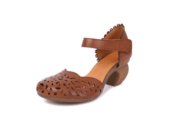 S296 Spring New Products Original Handmade Leather Velcro Single Shoes Hollow Retro Casual Round Toe Wedge Shoes