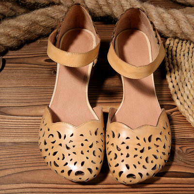 S296 Spring New Products Original Handmade Leather Velcro Single Shoes Hollow Retro Casual Round Toe Wedge Shoes