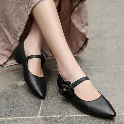 S297 2020 Pointed Toe Leather Shoes Handmade Flower Wedge Sandals Temperament Retro Spring And Summer Women'S Shoes