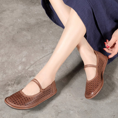 S299 2020 Retro Ethnic Hollow First Layer Cowhide Handmade Women'S Shoes Soft Flat Simple Single Shoe Manufacturer