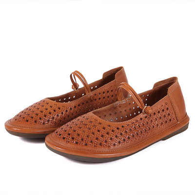 S299 2020 Retro Ethnic Hollow First Layer Cowhide Handmade Women'S Shoes Soft Flat Simple Single Shoe Manufacturer