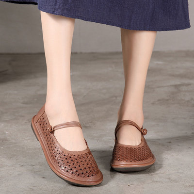 S299 2020 Retro Ethnic Hollow First Layer Cowhide Handmade Women'S Shoes Soft Flat Simple Single Shoe Manufacturer