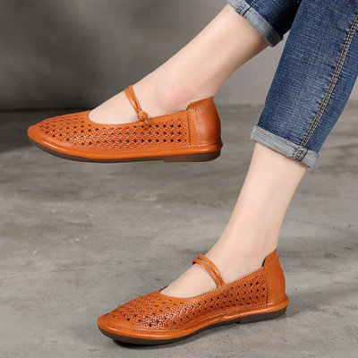 S299 2020 Retro Ethnic Hollow First Layer Cowhide Handmade Women'S Shoes Soft Flat Simple Single Shoe Manufacturer