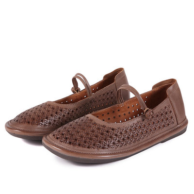S299 2020 Retro Ethnic Hollow First Layer Cowhide Handmade Women'S Shoes Soft Flat Simple Single Shoe Manufacturer