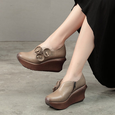 S304 Round Toe Thick-Soled Sponge Cake Leather Handmade Women'S Shoes Autumn And Winter New Ethnic Style Retro Increased