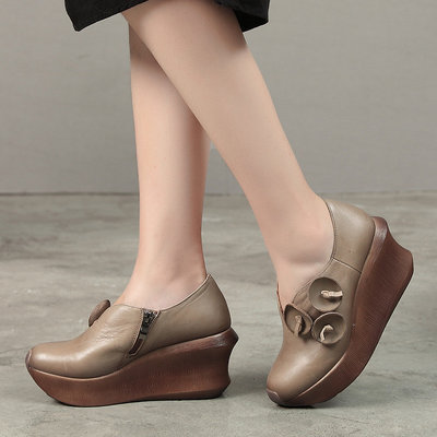 S304 Round Toe Thick-Soled Sponge Cake Leather Handmade Women'S Shoes Autumn And Winter New Ethnic Style Retro Increased