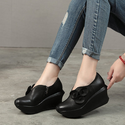 S304 Round Toe Thick-Soled Sponge Cake Leather Handmade Women'S Shoes Autumn And Winter New Ethnic Style Retro Increased