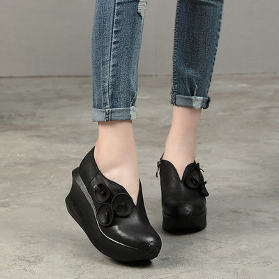 S304 Round Toe Thick-Soled Sponge Cake Leather Handmade Women'S Shoes Autumn And Winter New Ethnic Style Retro Increased