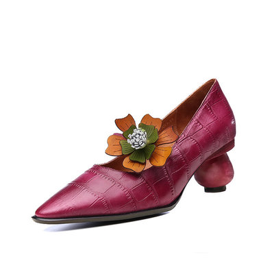 S306 Flower Leather Handmade Pointed Toe Fashion High Heels 2020 Ethnic Style Spring New Women'S Shoes Wholesale Process