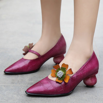 S306 Flower Leather Handmade Pointed Toe Fashion High Heels 2020 Ethnic Style Spring New Women'S Shoes Wholesale Process