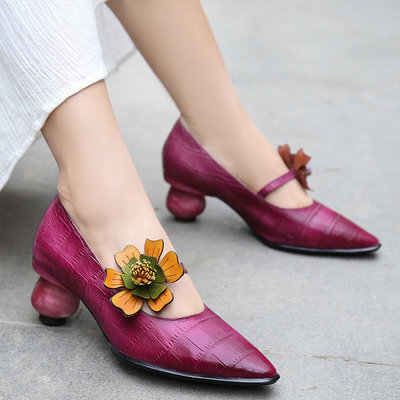 S306 Flower Leather Handmade Pointed Toe Fashion High Heels 2020 Ethnic Style Spring New Women'S Shoes Wholesale Process
