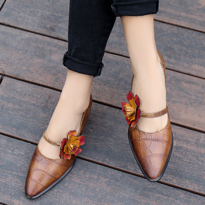 S306 Flower Leather Handmade Pointed Toe Fashion High Heels 2020 Ethnic Style Spring New Women'S Shoes Wholesale Process