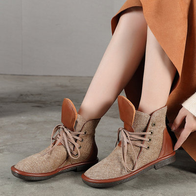 S308 Forestry Pastoral Style Fresh Literature And Art Cotton And Linen Lace-Up Women'S Boots Handmade Original Leather E